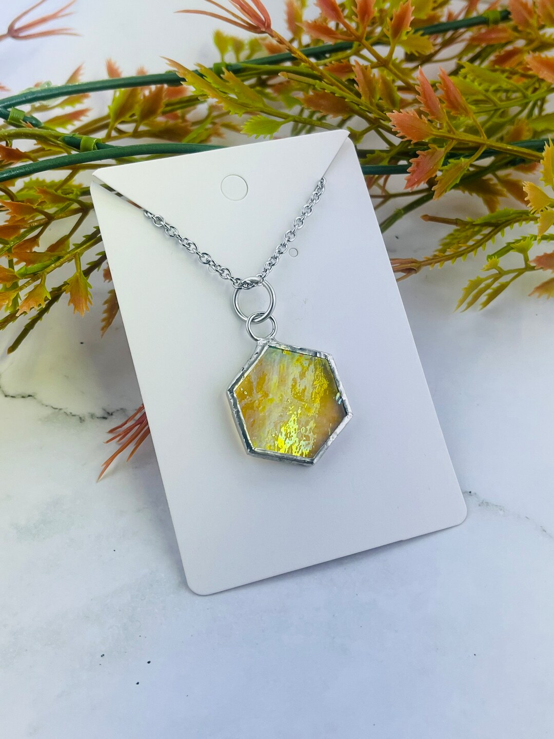 Iridescent Translucent Honey Color Hexagon Stained Glass Necklace - Etsy