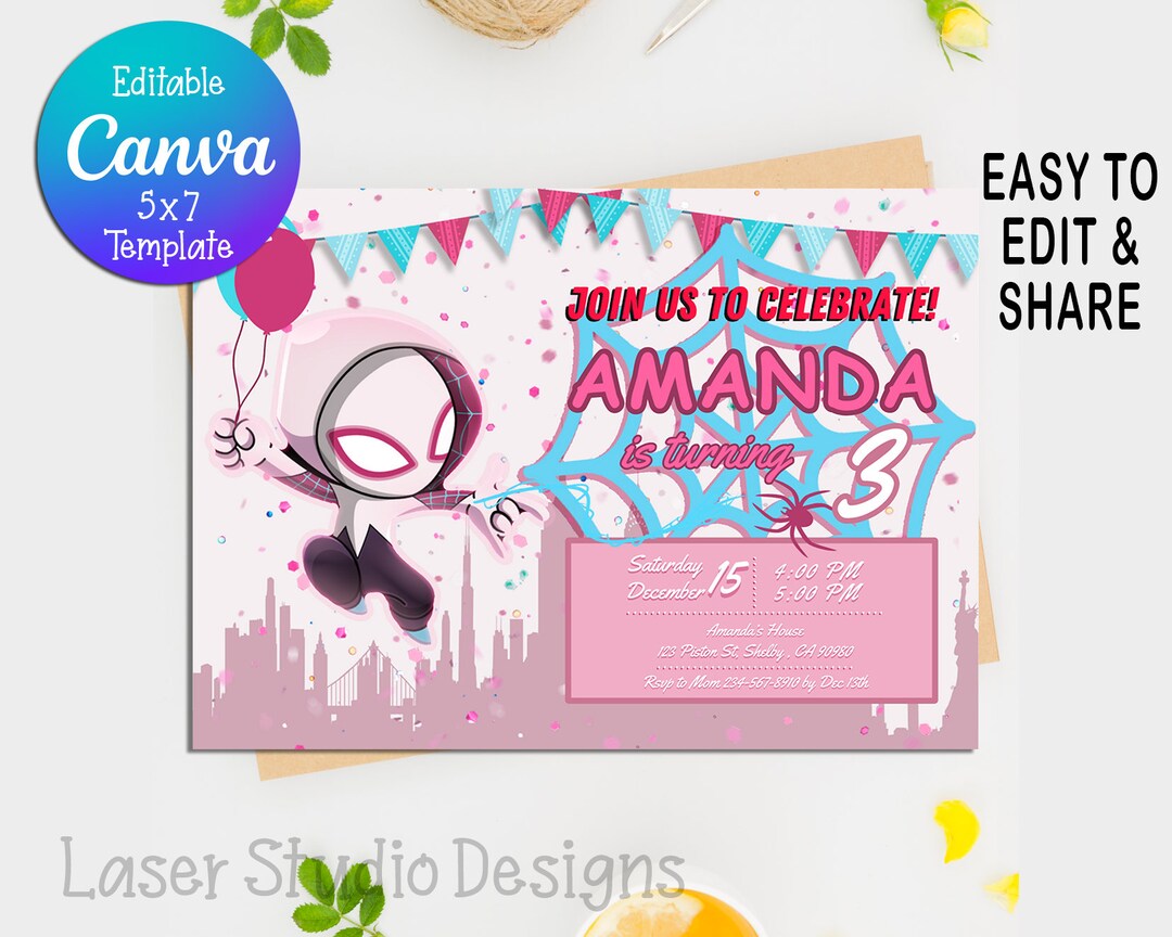 Spider Gwen Invitation, Spidey Girl Birthday Editable, Spider Man Gwen ...