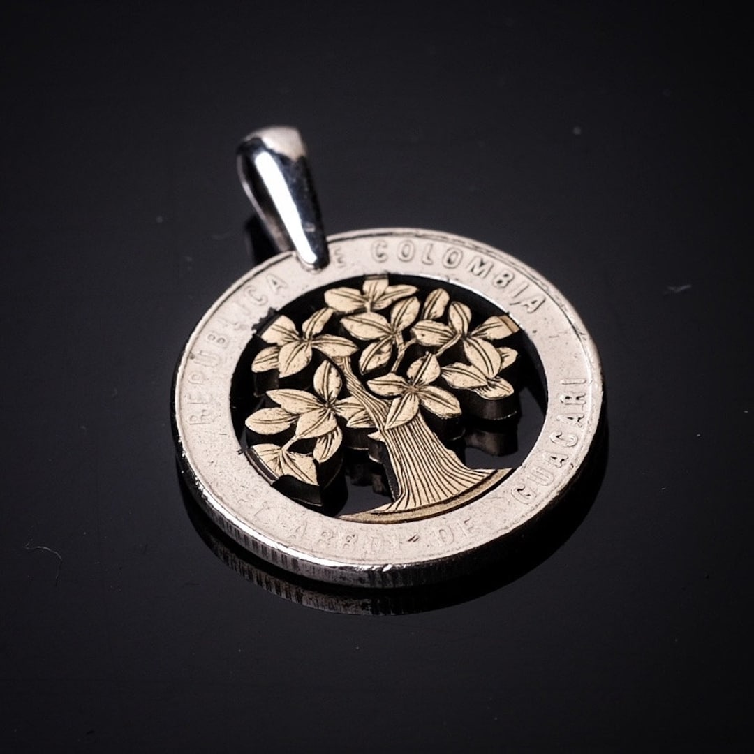 Colombia 500 Pesos Cut Coin Pendant Colombian Necklace Holy Tree ...