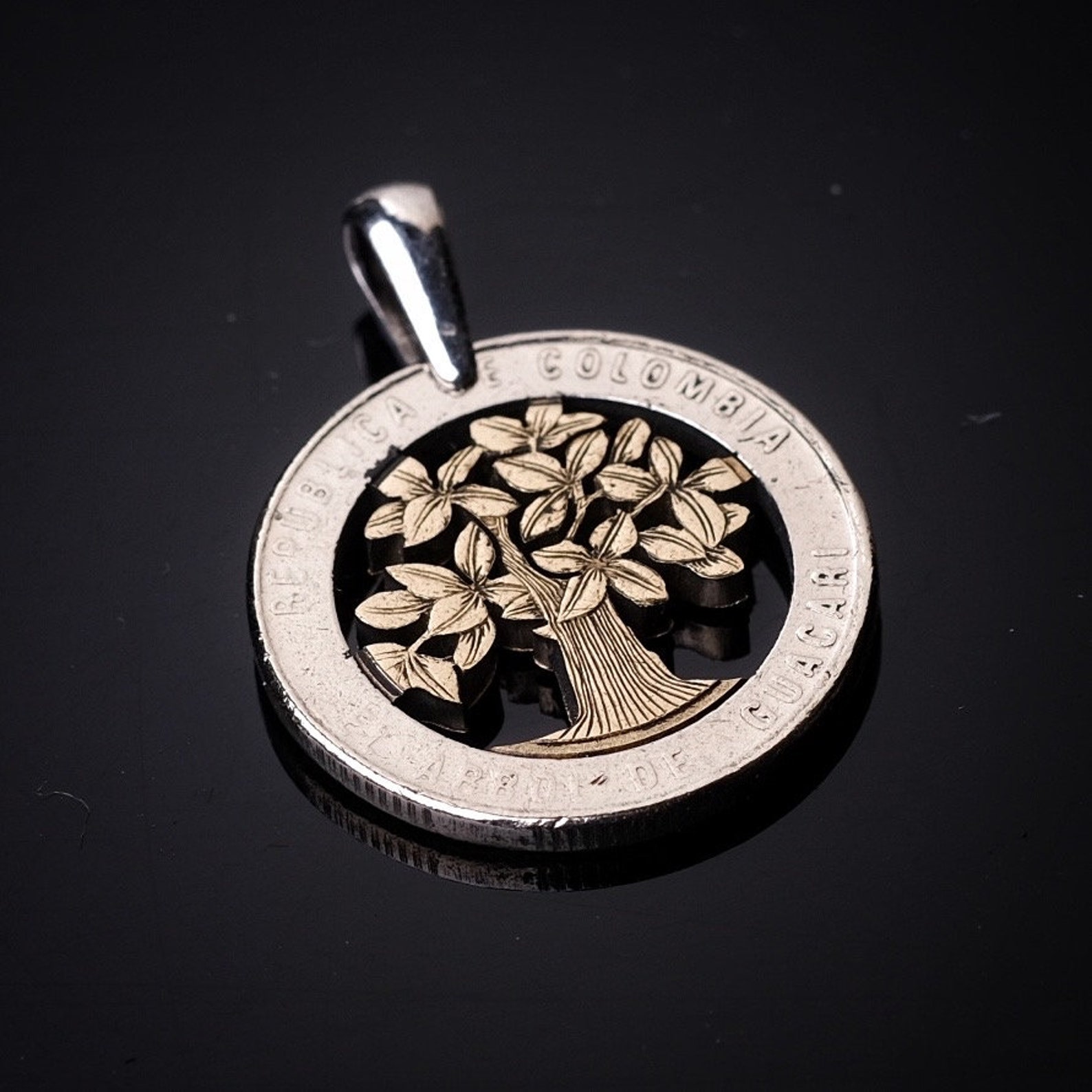 Colombia 500 Pesos Cut Coin Pendant Colombian Necklace Holy Tree ...