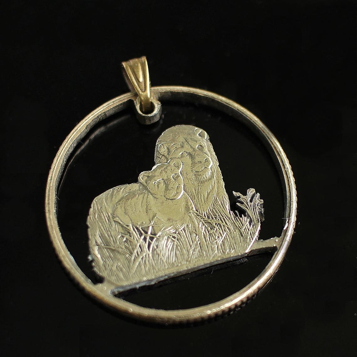 Lions Familly Cut Coin Pendant Necklace Hand Cut | Etsy