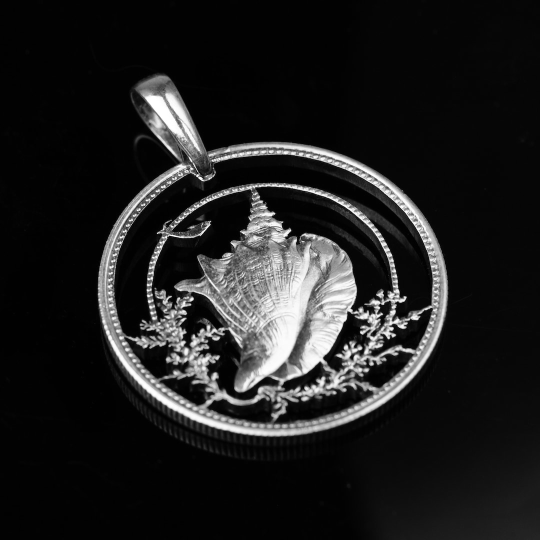 1966 Bahamas Silver 0.925 Conch Shell Cut Coin Pendant With Necklace ...