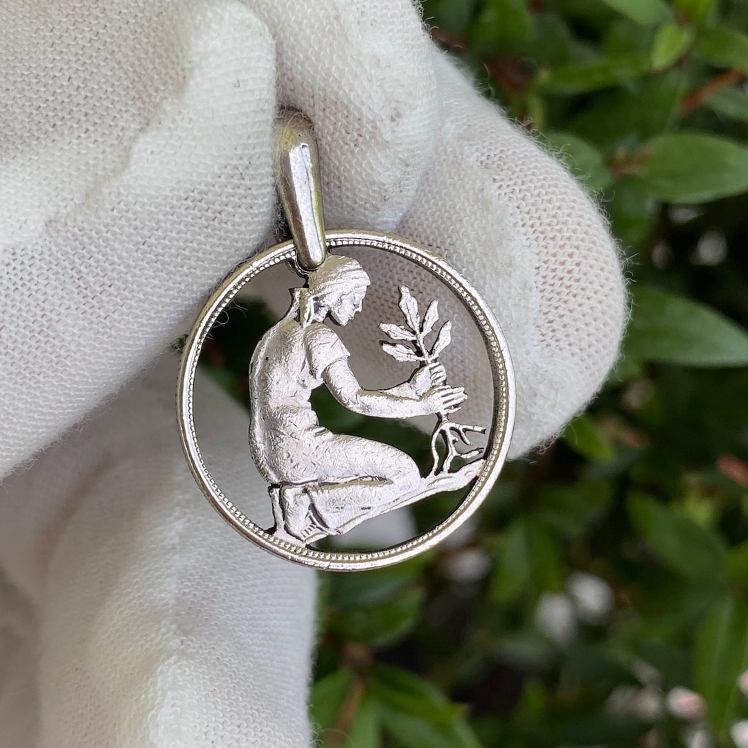Germany 50 Pfennig Cut Coin Pendant Necklace German Planting Tree ...