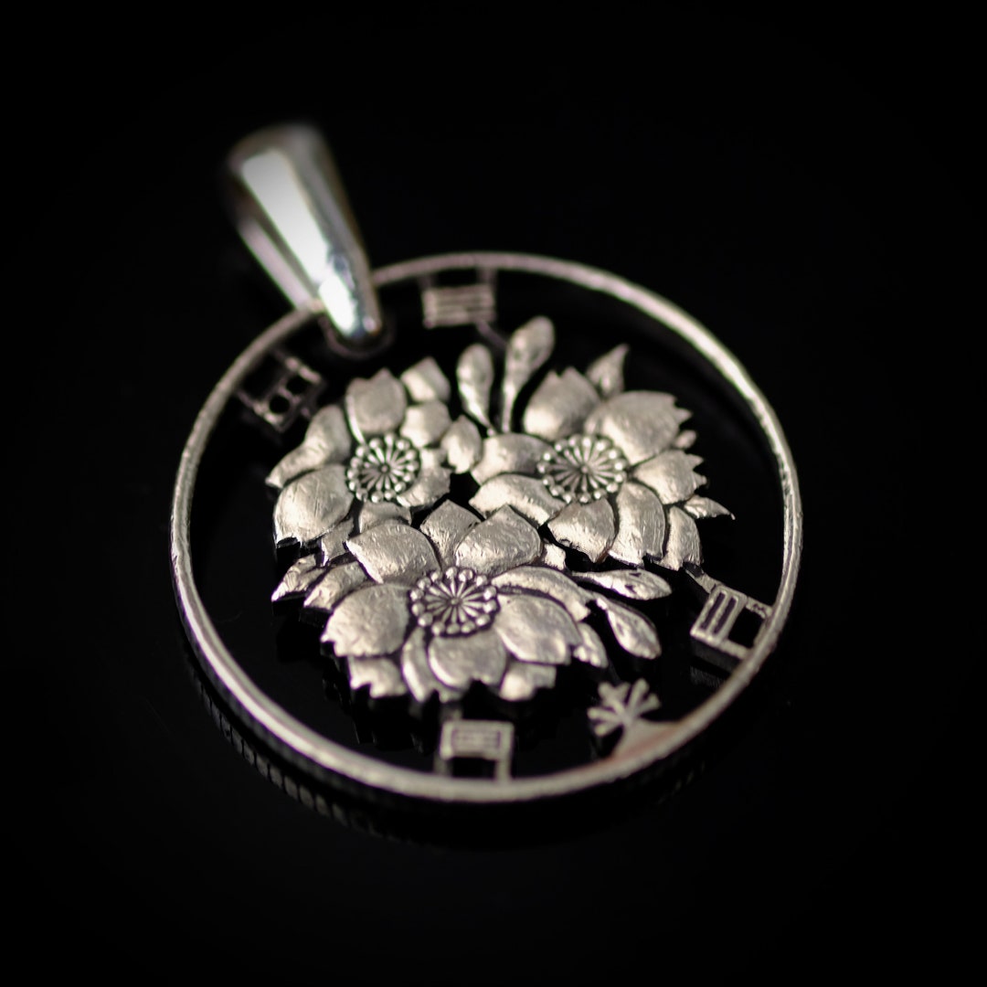 Japan 100 Yen Cut Coin Pendant With Necklace Nippon Cherry Blossom ...
