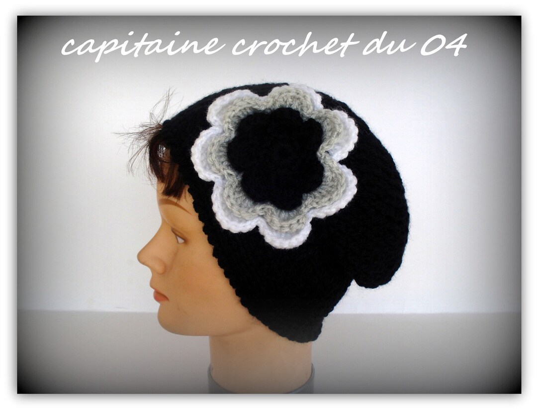 Wool Cap Crochet Black Woman Flower Cap Drooping Cap - Etsy