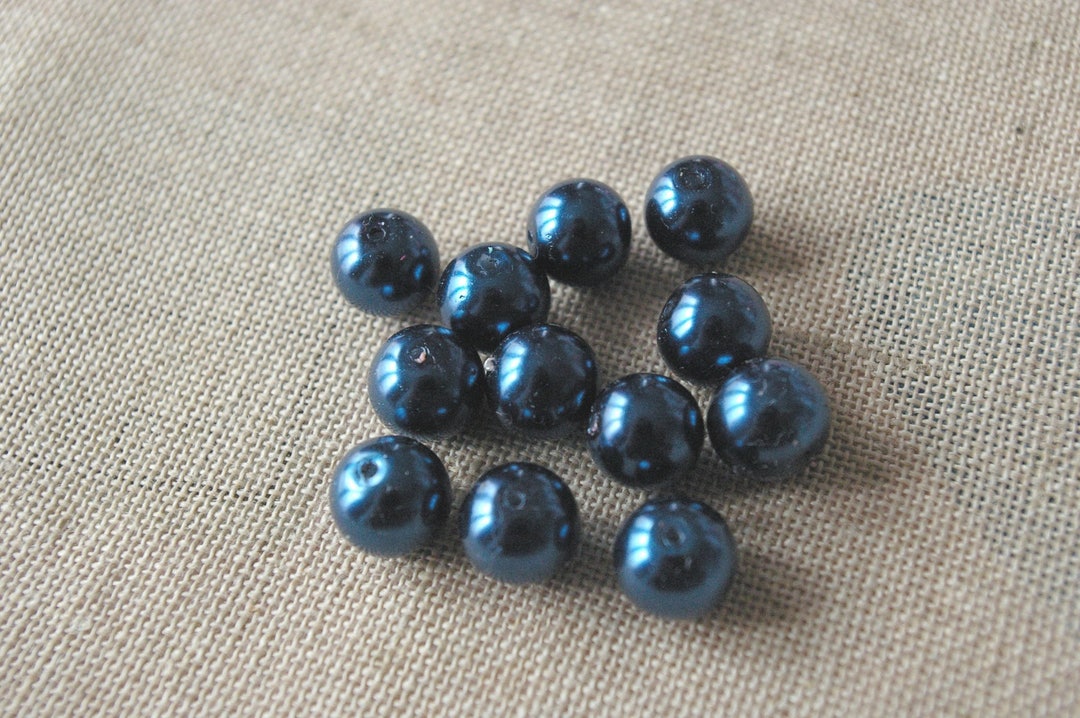 Set of 5 Navy Blue Pearlescent Glass Beads. Classic Blue Pearls in ...