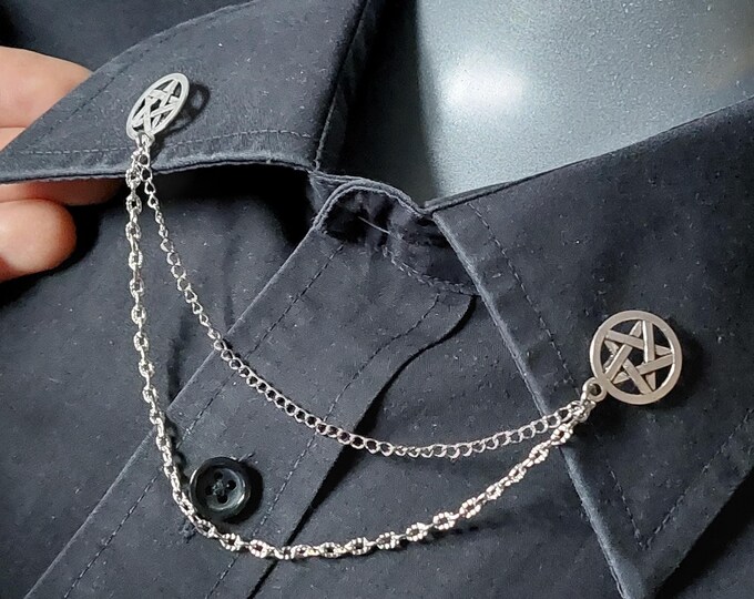 Inverted Pentagram Collar Chain Pin - Pentacle Double Chain Lapel Pin ...