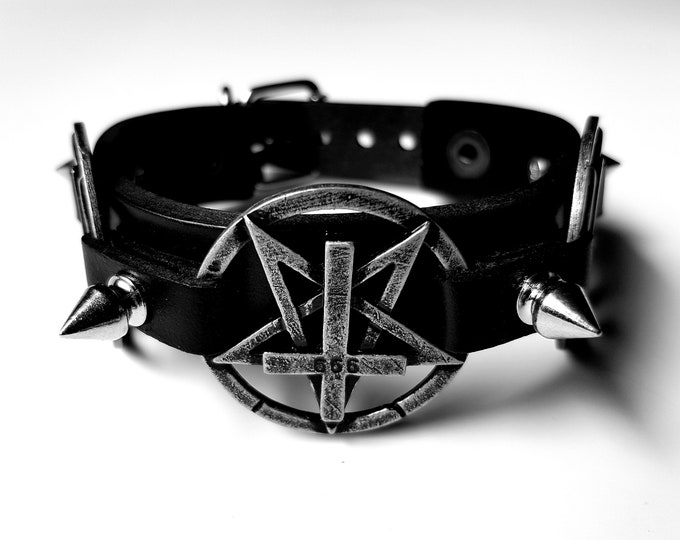 Black Leather Satanic Bracelet - Occult Sigil of Baphomet Inverted ...