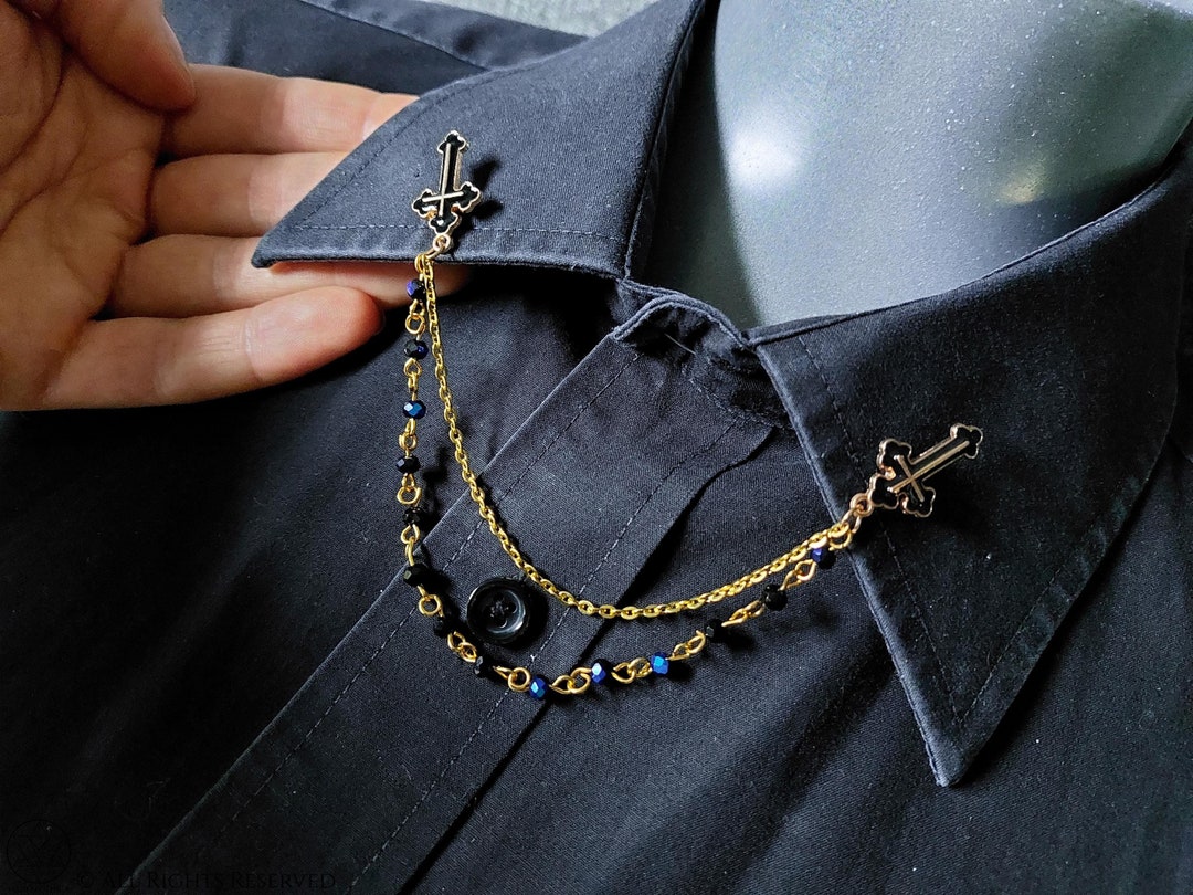 Inverted Cross Collar Pin in Goldtone - Triple Satanic Chain Lapel Pin ...