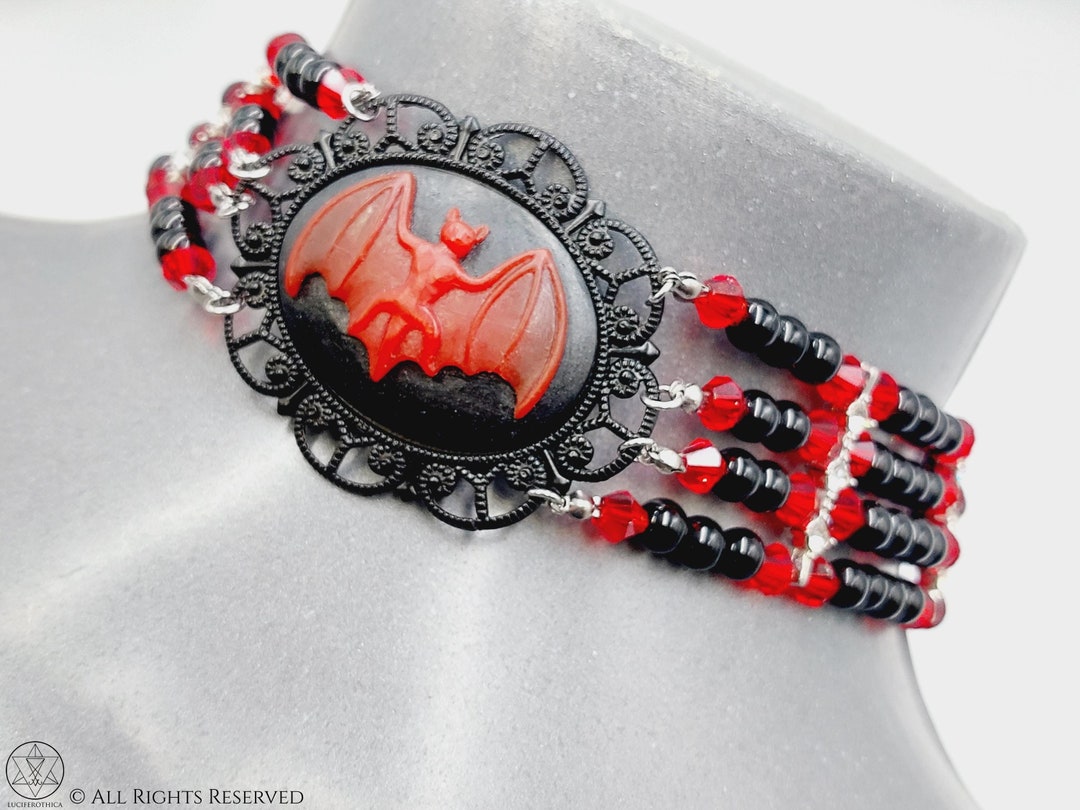 Victorian Vampire Bat Choker - Blood Red Vampiric Gothic Beaded Cameo ...
