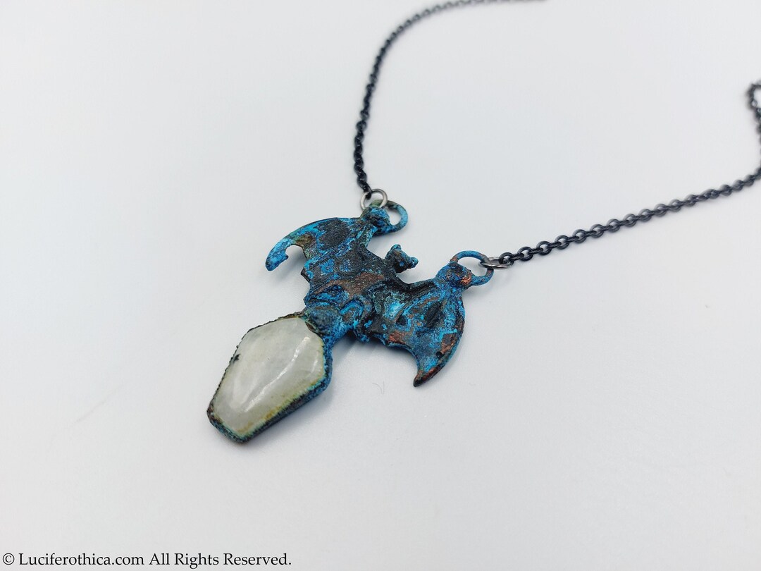 Vampire Bat & Coffin Pendant With Moonstone (electroformed Copper ...