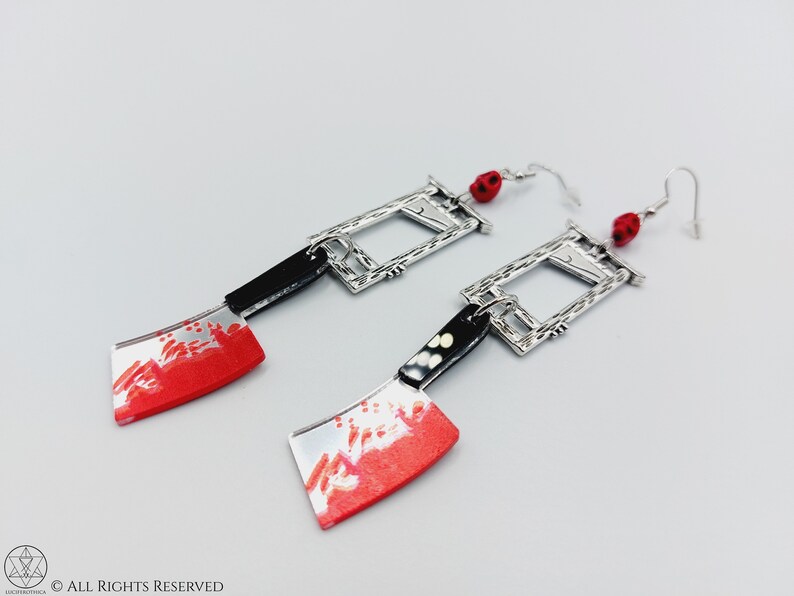 Guillotine Cleaver Earrings - Horror Halloween Red Blood Meat Cleaver ...