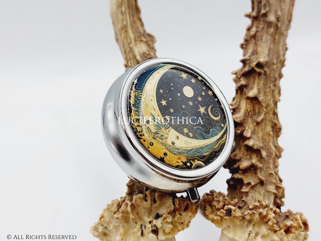Crescent Moon Witchy Pill Box - Gothic Artwork Pill Compact Medicine ...