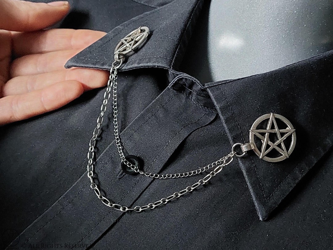 Pentagram Collar Chain Pin - Pentacle Double Chain Lapel Pin Gothic ...