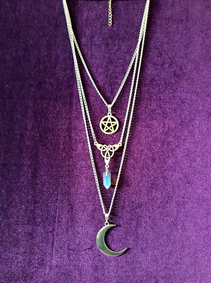Triple Chain Pagan Necklace - pagan opalite celtic wicca pendant