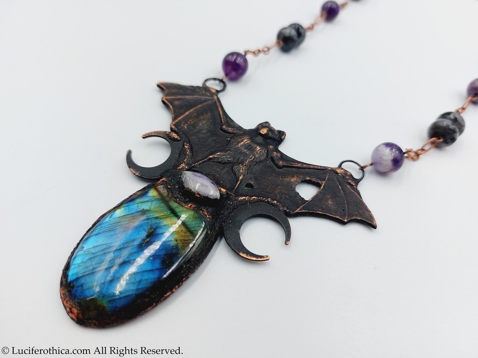 Gothic Bat Necklace With Labradorite & Amethyst Crystal - Etsy