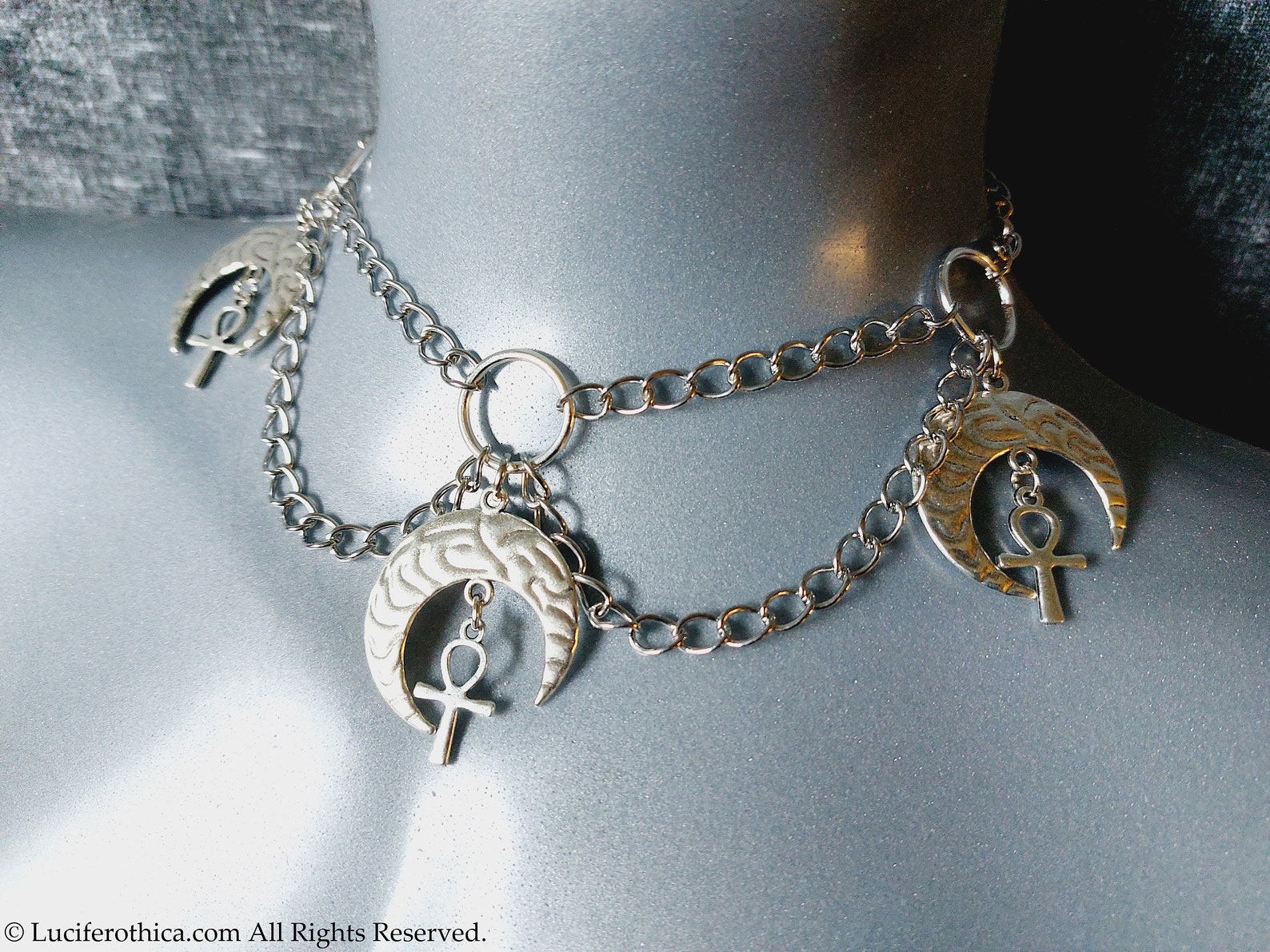 Triple Ankh Crescent Chain Choker - Goth Gothic Vampiric Order Wisdom ...
