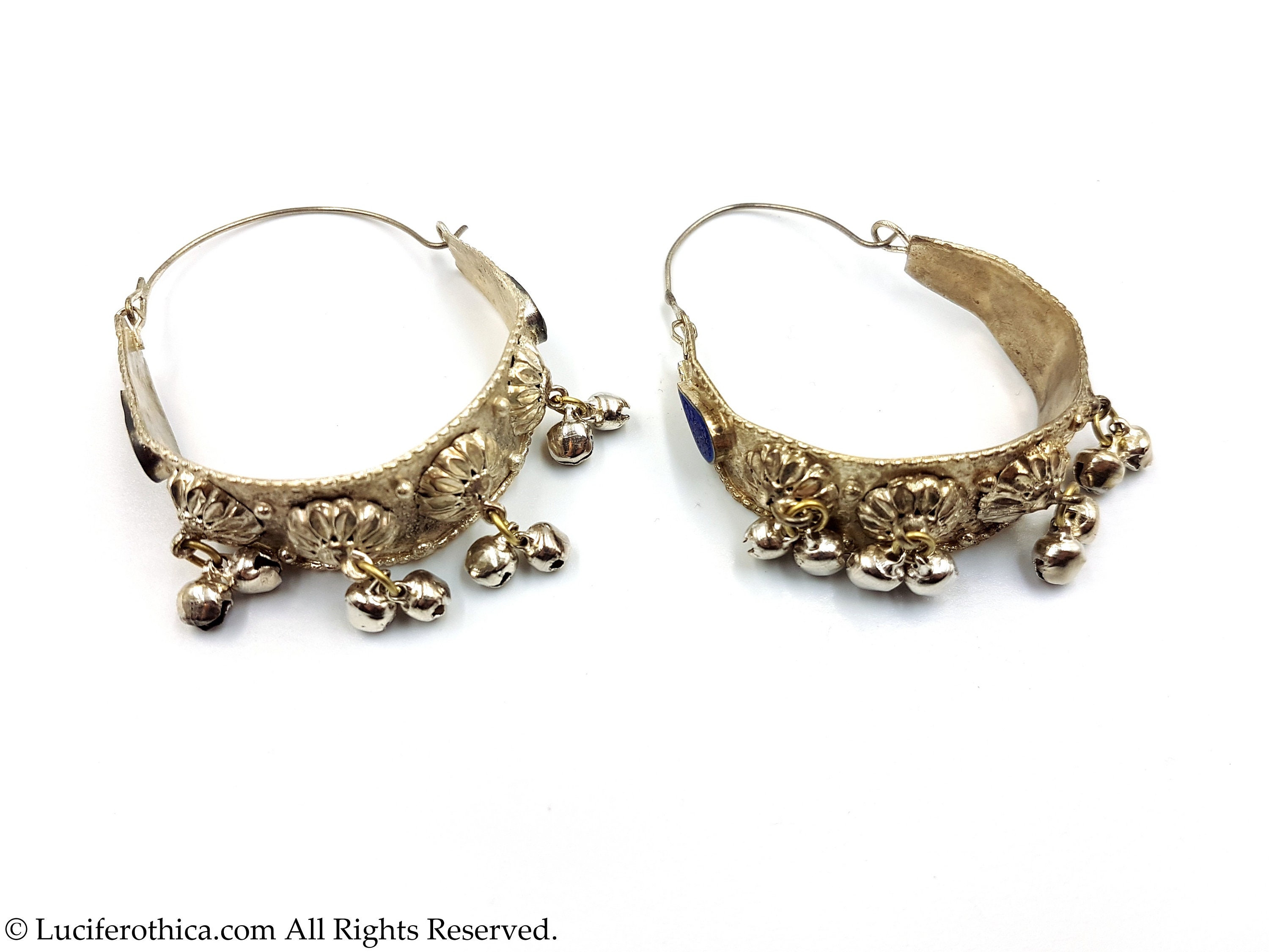 Vintage Bell Hoop Earrings with Turquoise or Lapis Lazuli Stones - (To ...