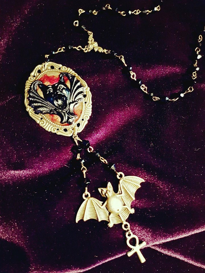 Gothic Vampire Bat Rosary - Vampiric goth necklace blood cameo resin ...