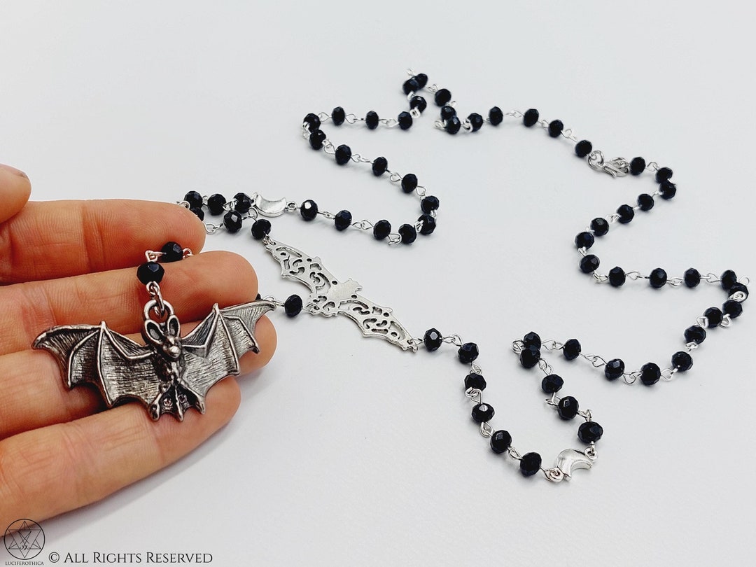 Gothic Bat Rosary Necklace - Occult Vamp Goth Black Beaded Chain ...