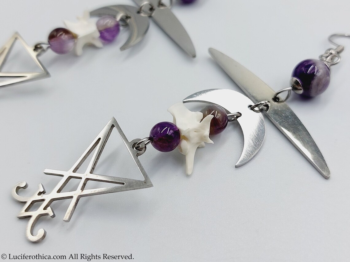 Sigil of Lucifer Snake Vertebrae Bone Earrings With Amethyst Crystals ...