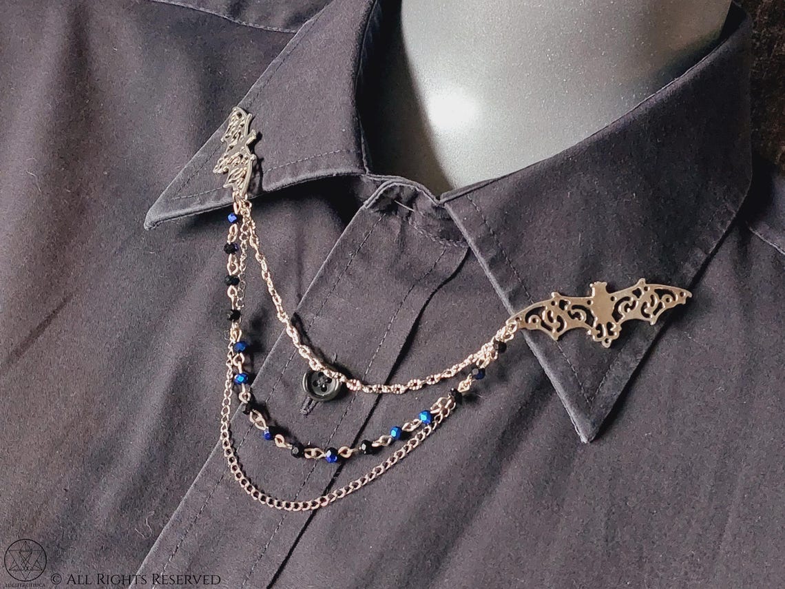 Bat Collar Pin - Triple Vampire Bat Chain Pin Gothic Collar Chain Shirt ...