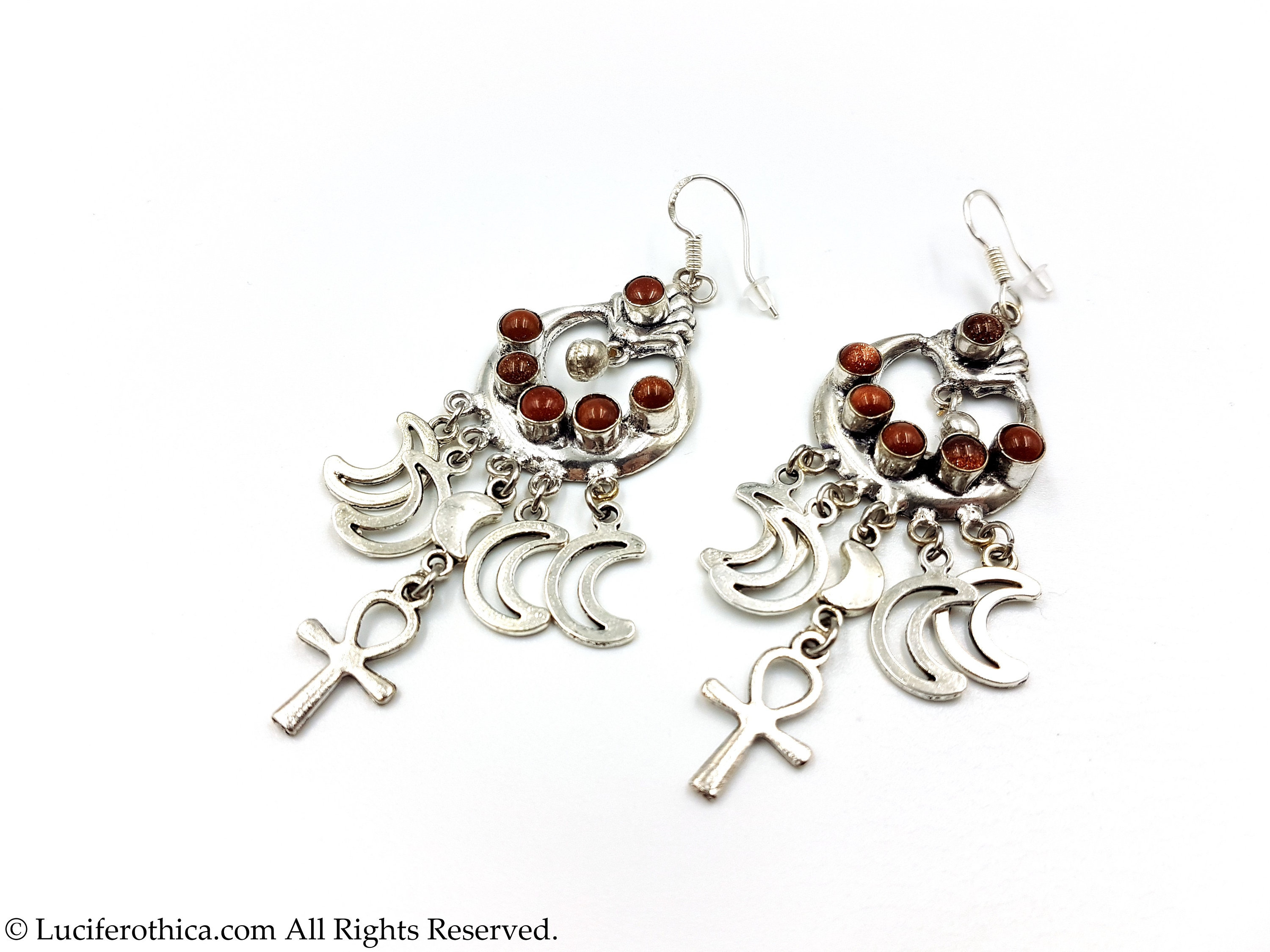 Crescent Moon Ankh Earrings (Goldstone)