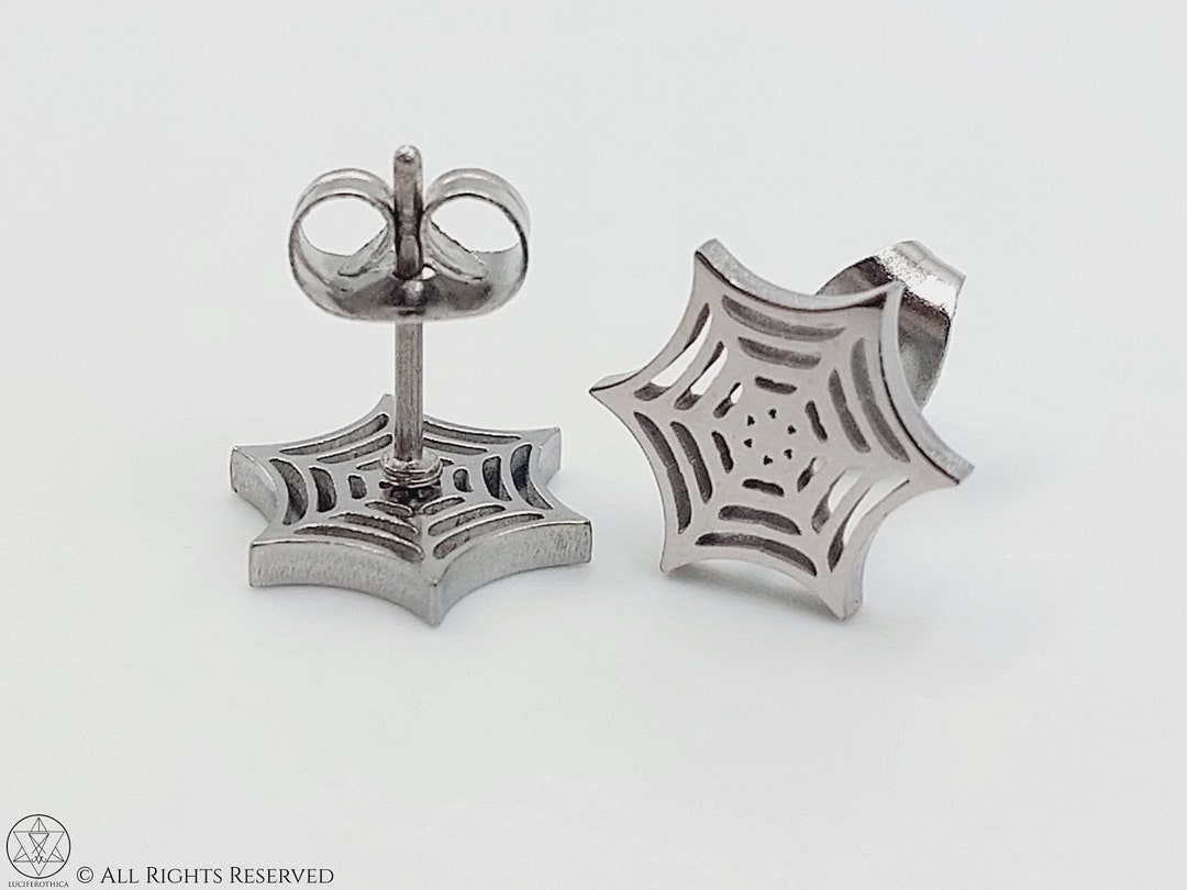 Mini Cobweb Earstuds (stainless Steel - Pair) - Silver Tone Spider Gothic Earrings Web Creepy ...