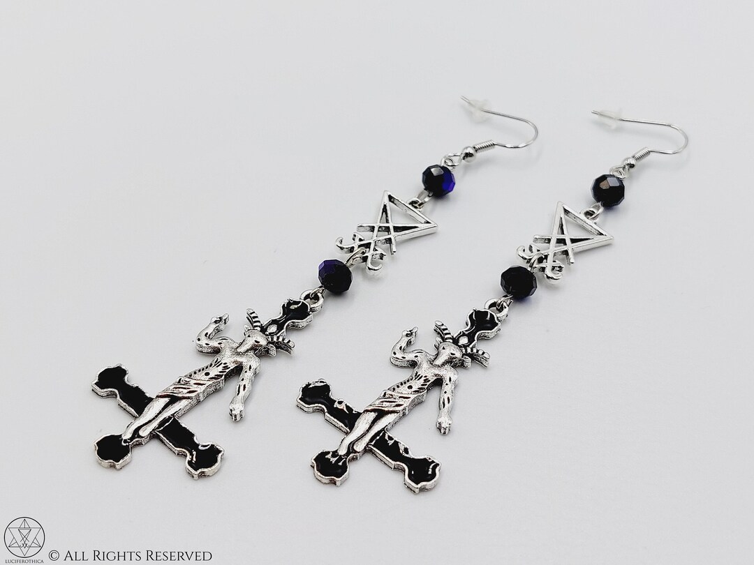 Luciferian Inverted Cross Baphomet Earrings - Black Sigil of Lucifer ...