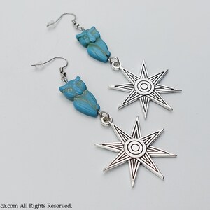 Star of Inanna / Ishtar Earrings With Turquoise Owls - Sumerian Star ...