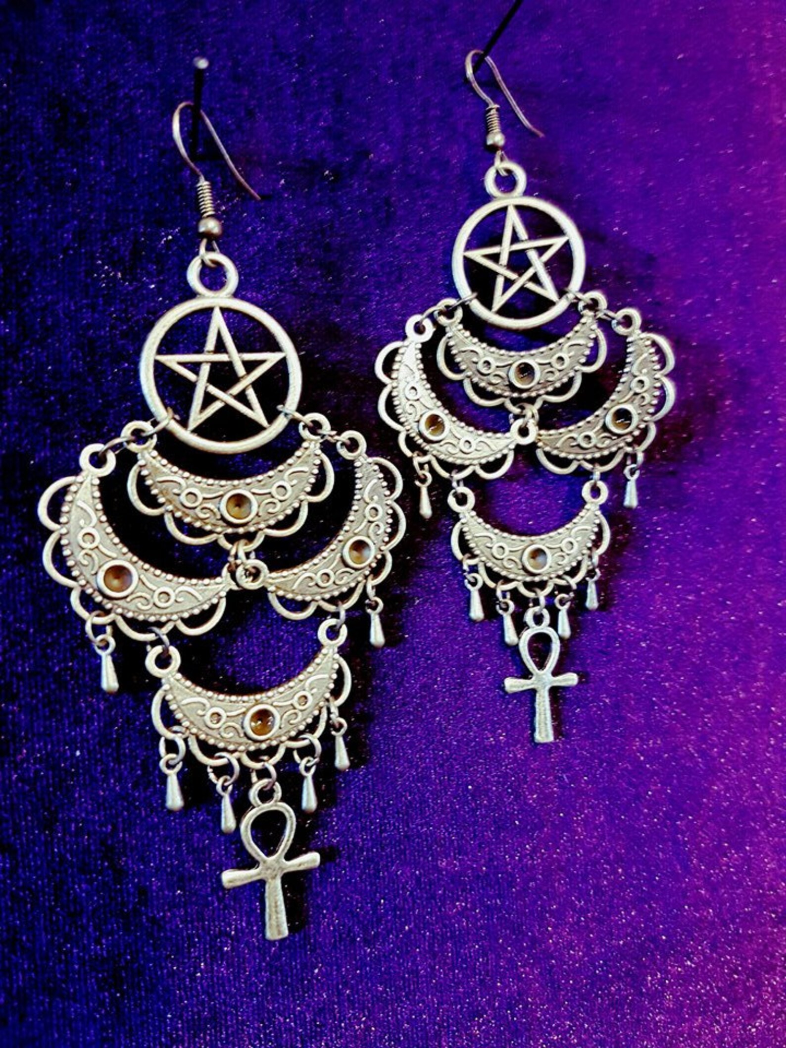 Pentacle Ankh Earrings - Occult Pentagram Wicca Wiccan Ankh Cluster ...