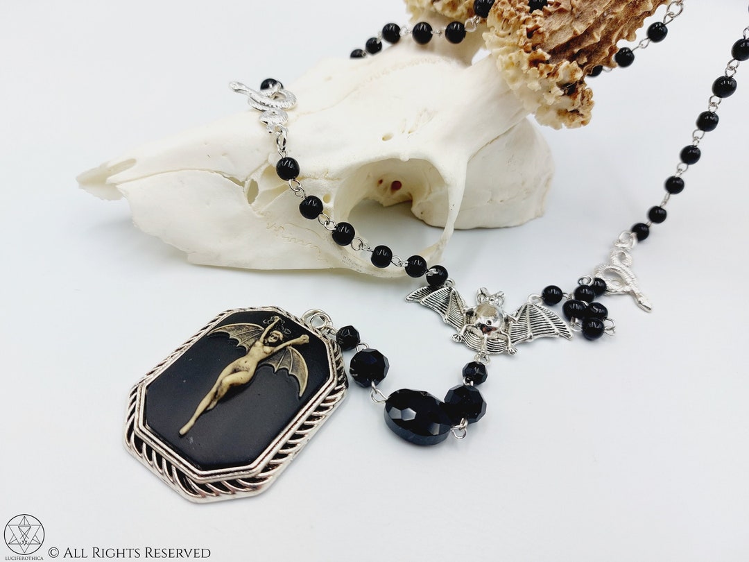 Lilith Serpent Medallion Rosary Necklace - Occult Gothic Bat Rosary ...