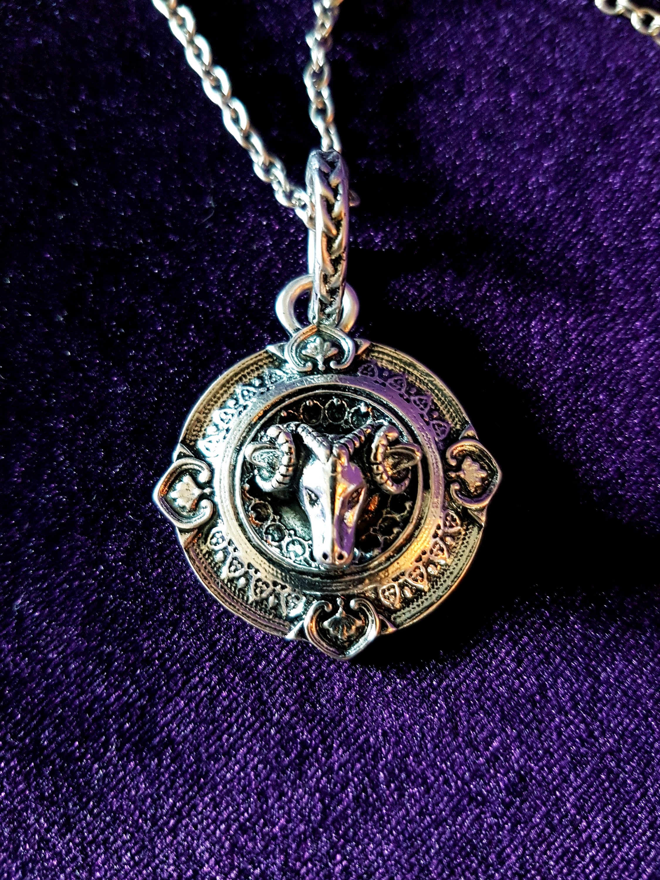 Baphomet Ram Pendant - long chained occult ramhead zodiac satanic left ...