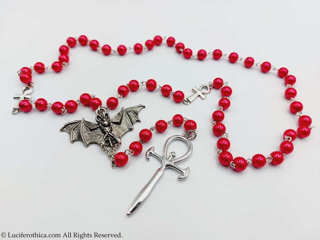 Blood Red Vampire Ankh Rosary - Occult Vamp Goth Ankh Beads Bat Gothic ...