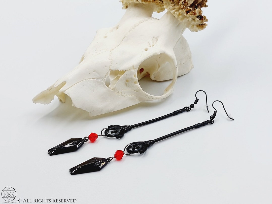 Sarcophagus Scepter Earrings - Long Elegant Black Occult Coffin Goth ...