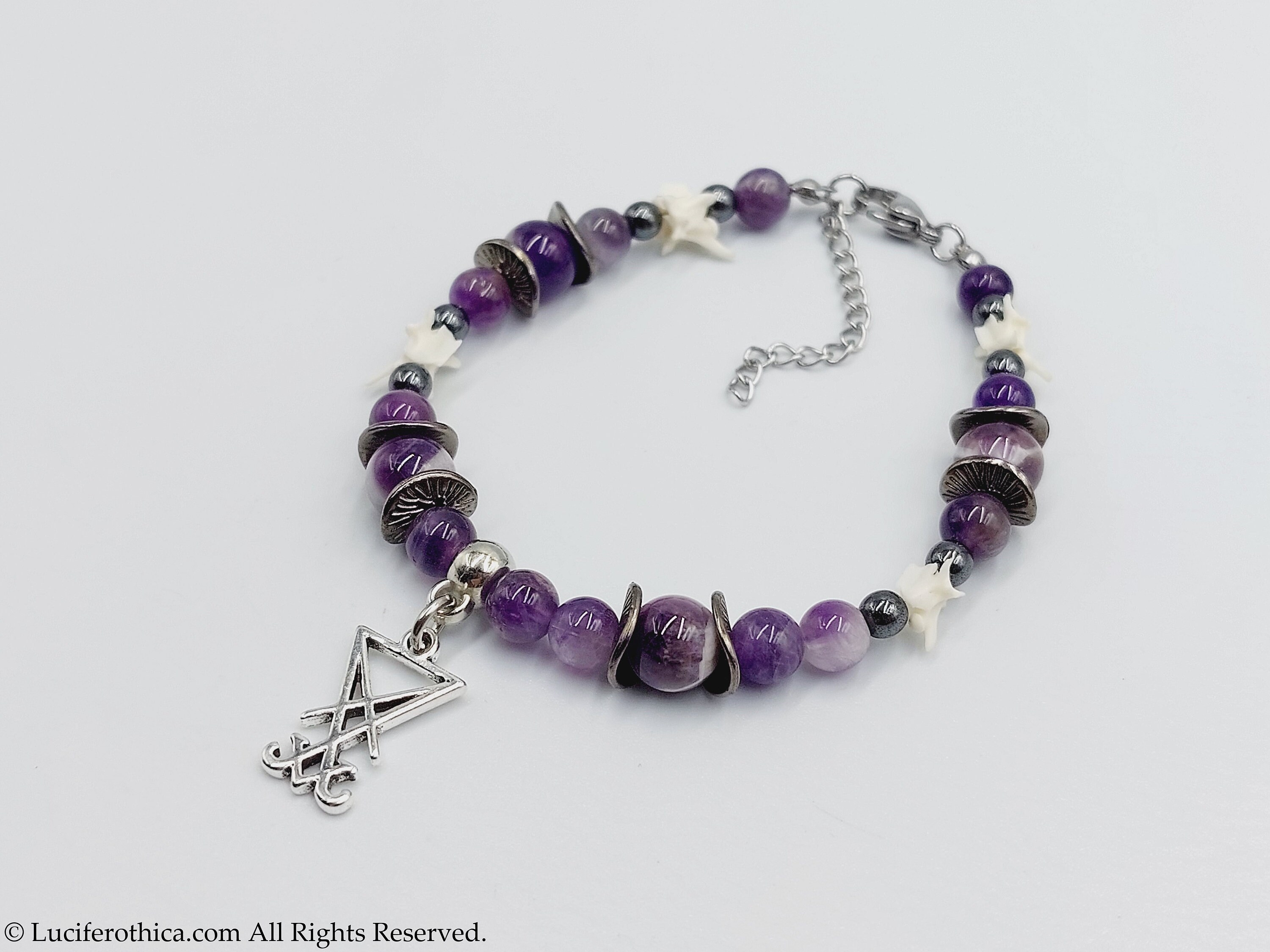 Sigil of Lucifer Snake Vertebrae Bone Bracelet with Amethyst Crystals