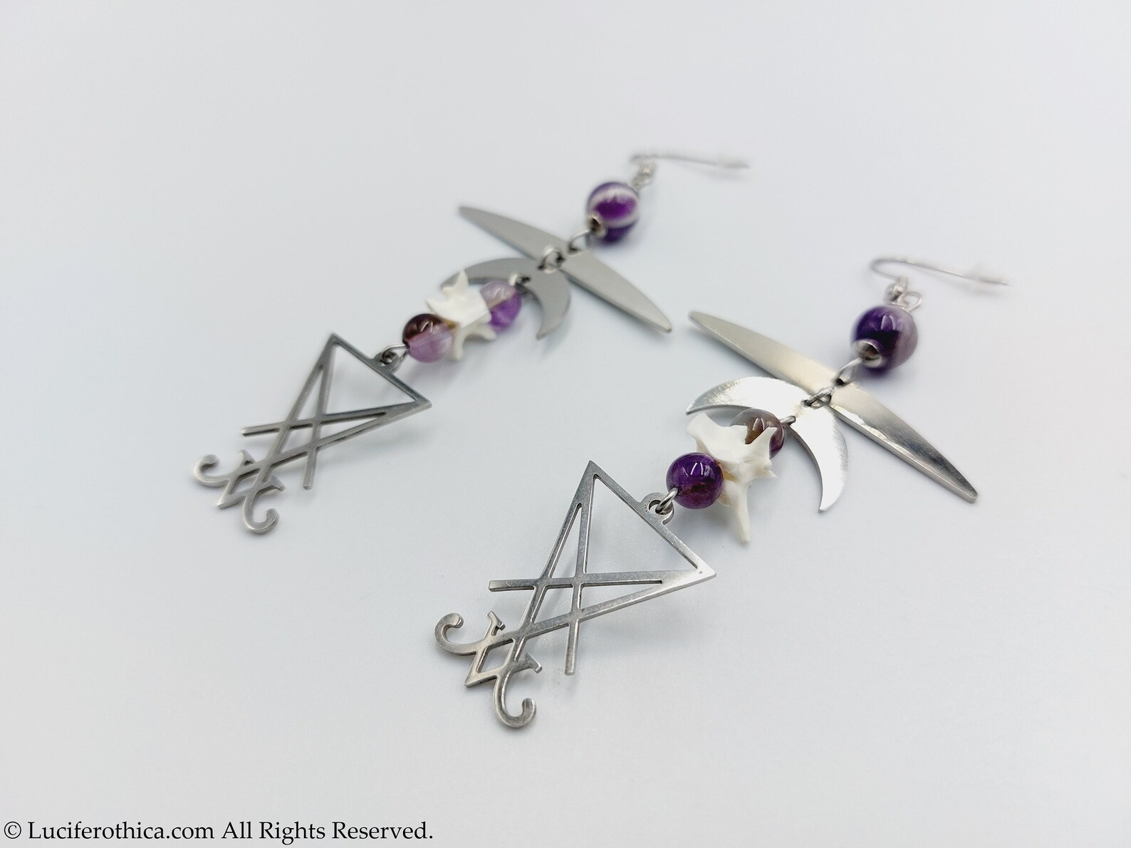Sigil of Lucifer Snake Vertebrae Bone Earrings With Amethyst Crystals ...