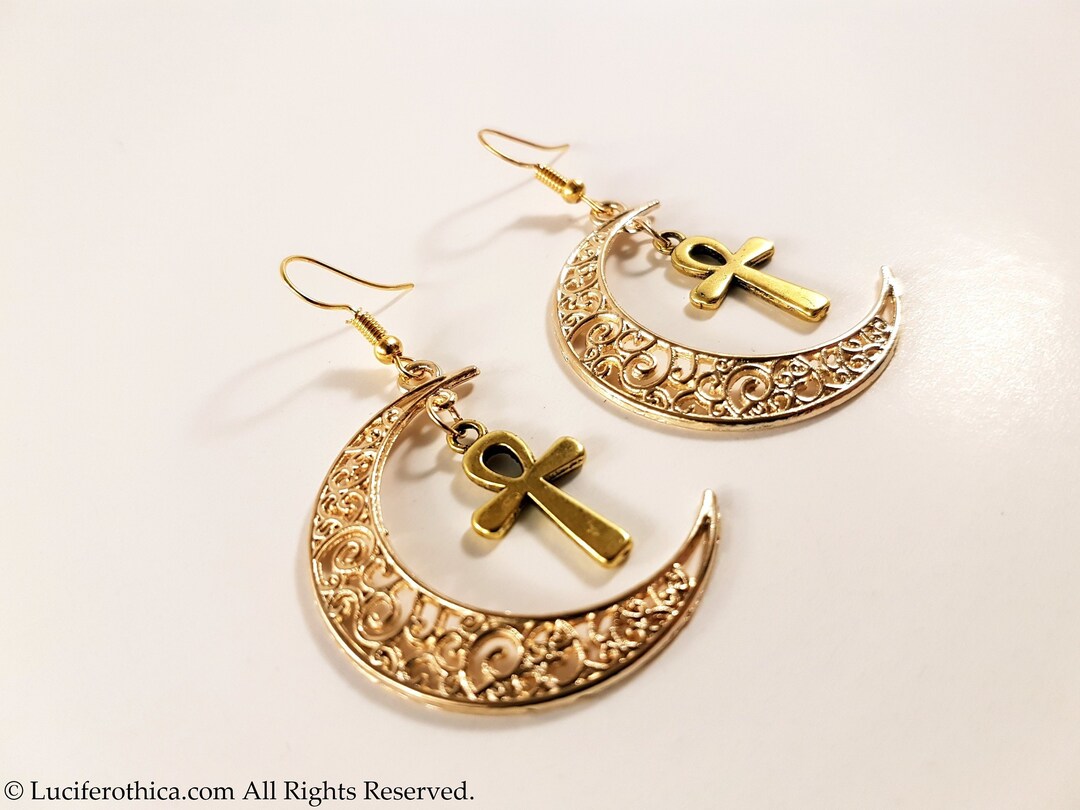 Ankh Crescent Moon Earrings (available With 14k Gold Earhooks) - Khonsu ...