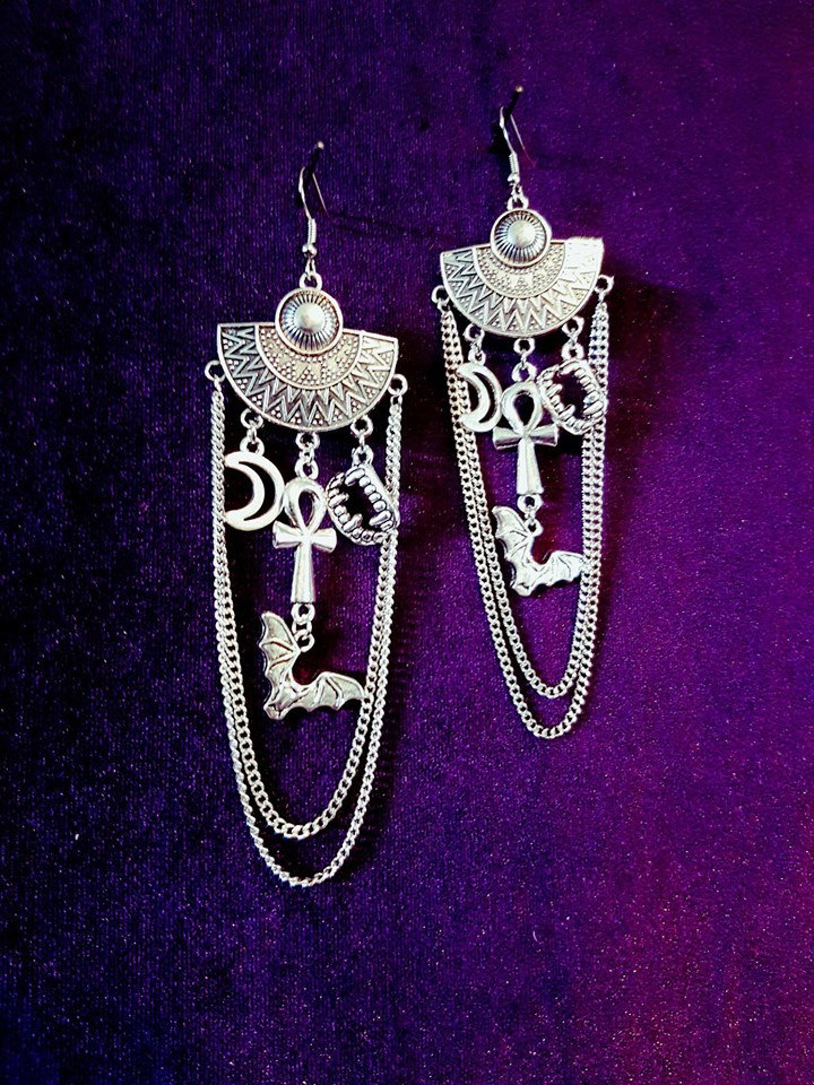 Vampire Statement Earrings - Goth Gothic Vamp Fangs Moon Ankh Bat ...