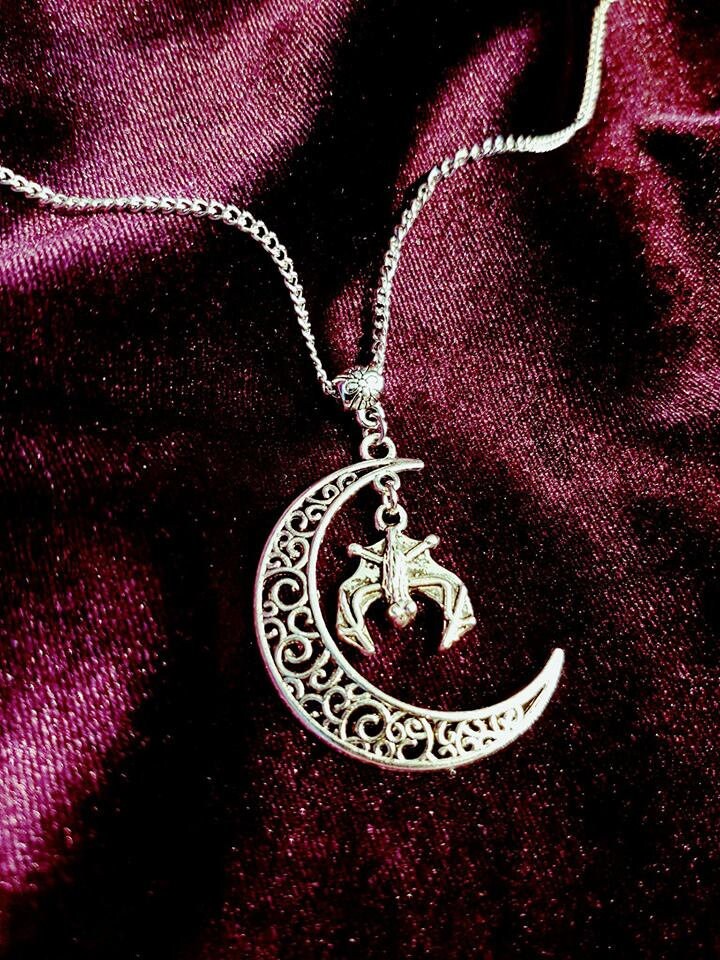 Vampire Moon Bat Necklace - goth gothic vampyre crescent moon hanging bat