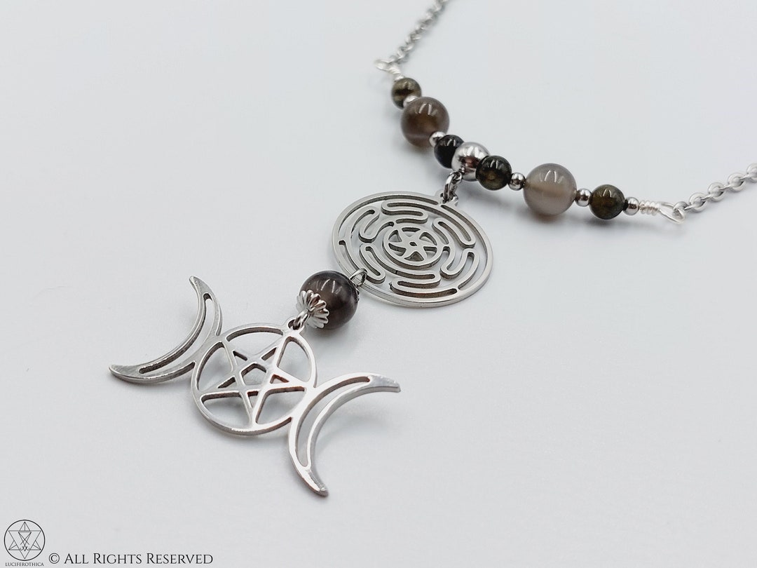 Hecate Triple Moon Goddess Necklace With Black Moonstone Crystals ...