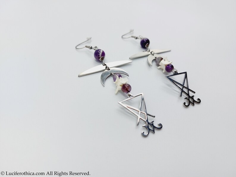 Sigil of Lucifer Snake Vertebrae Bone Earrings With Amethyst - Etsy