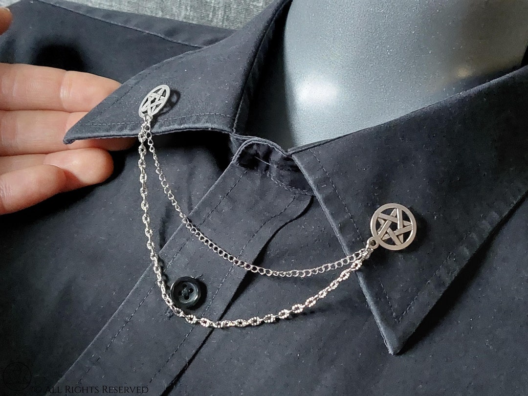Inverted Pentagram Collar Chain Pin - Pentacle Double Chain Lapel Pin ...