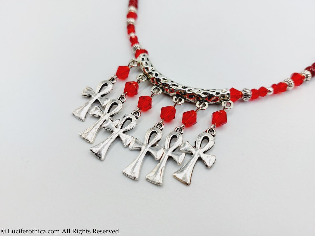 Victorian Vampire Ankh Necklace - Red Rhinestone Six Ankh Symbols ...
