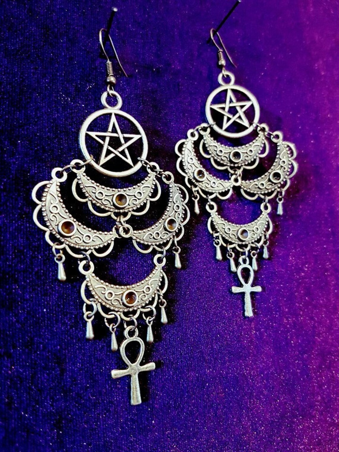 Pentacle Ankh Earrings - Occult Pentagram Wicca Wiccan Ankh Cluster ...
