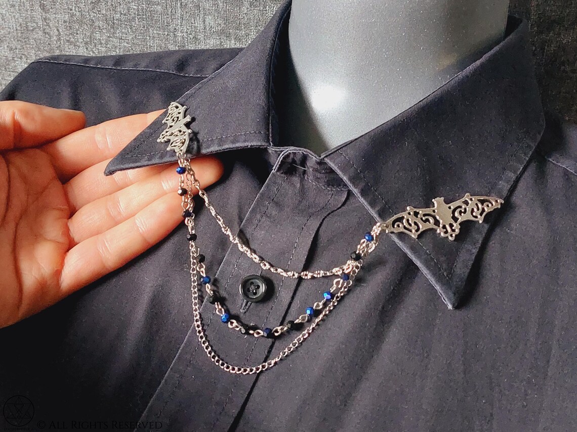 Bat Collar Pin - Triple Vampire Bat Chain Pin Gothic Collar Chain Shirt ...