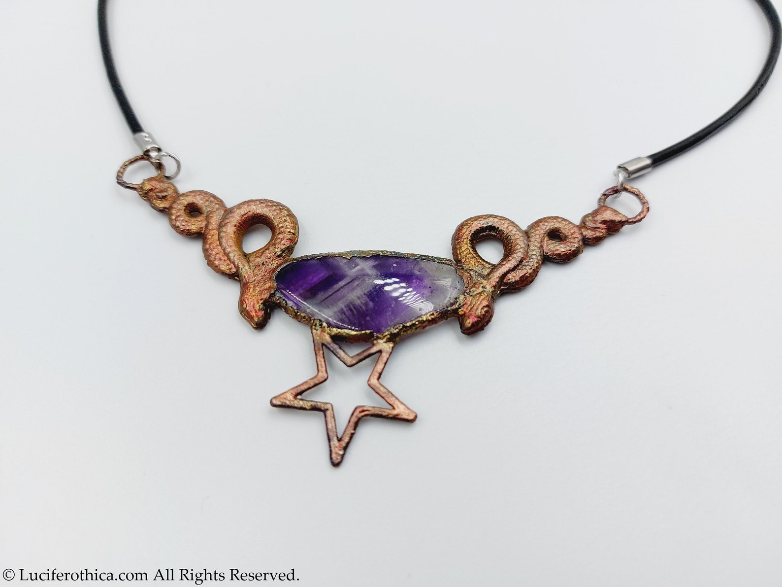 Electroformed Double Serpent Pentagram Necklace With Amethyst Crystal ...