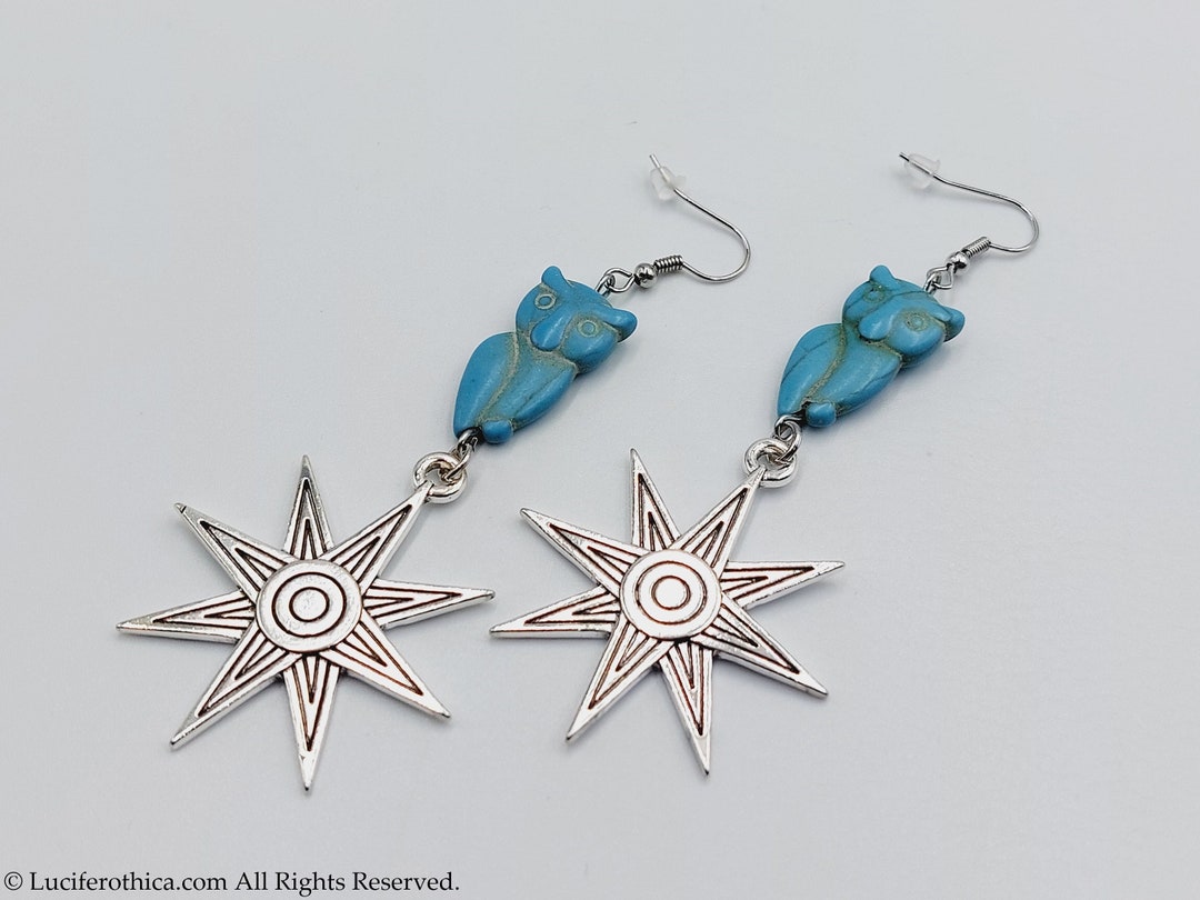 Star of Inanna / Ishtar Earrings With Turquoise Owls - Sumerian Star ...