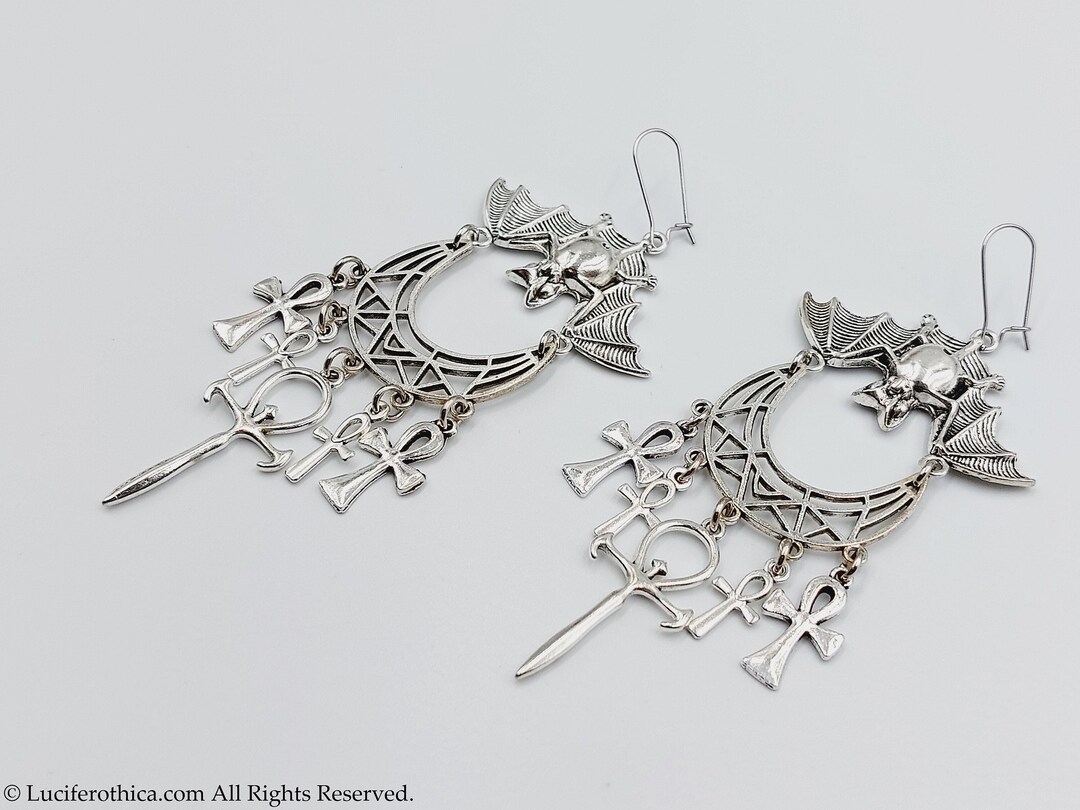 Vampire Ankh Earrings With Inverted Bat - Occult Vampire Nosferatu Ankh ...