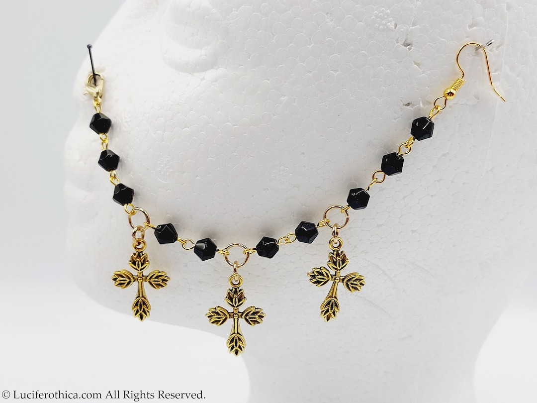 Triple Cross Victorian Gothic Nosechain (black & Gold Colour) - Goth ...